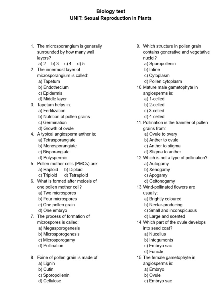 Megasporogenesis and Microsporogenesis Test | PDF | Plant Reproduction ...