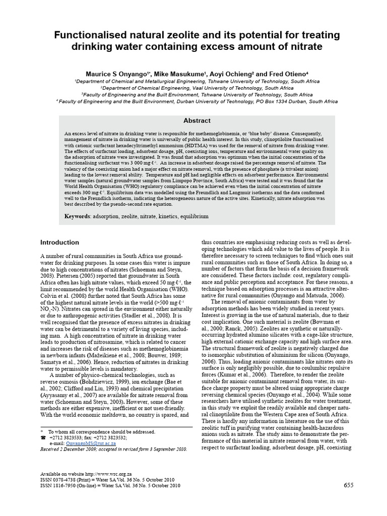Functionalisez Natural Zeolite and Its Potential For Treting Drinking Water Containing Excess ...