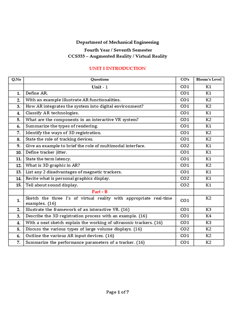 Ccs333 Final QB 1 | PDF | Augmented Reality | Virtual Reality