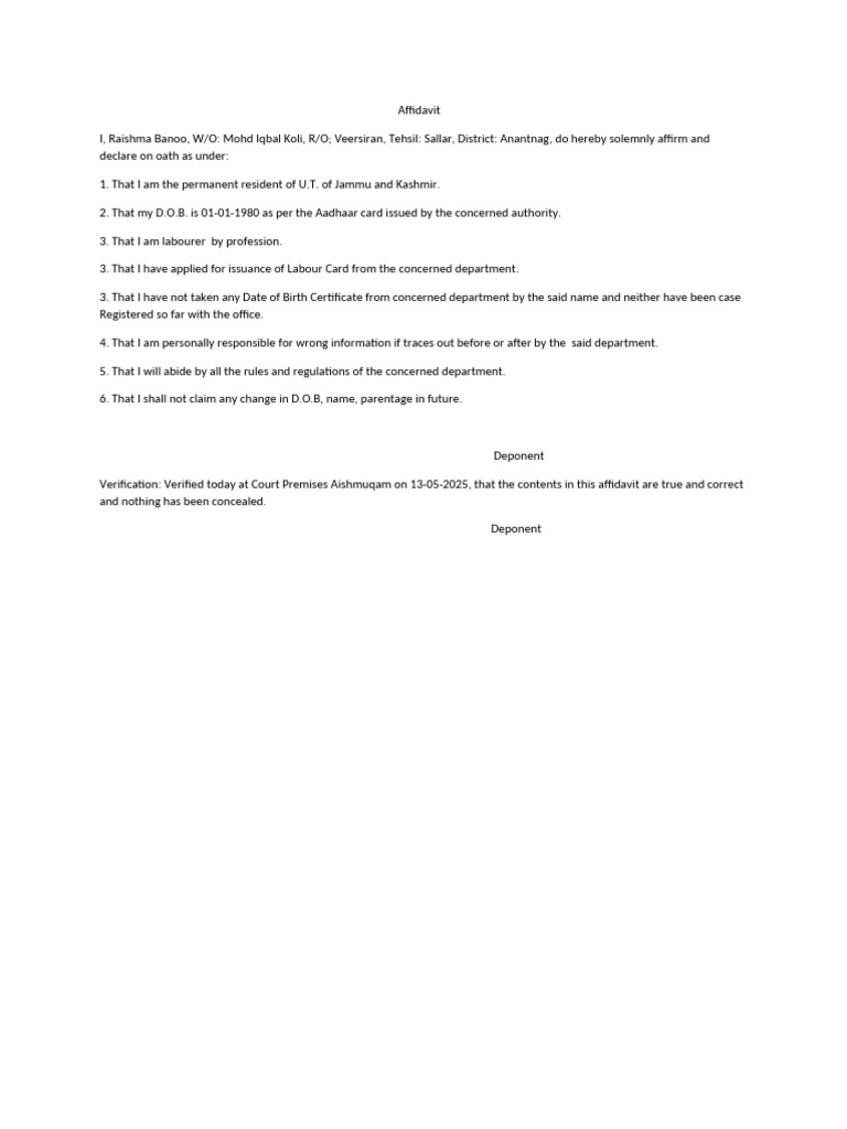 Dob A Affidavit Raishma | PDF