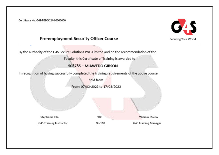 G4S Pre-employment Security Course Certificate | PDF