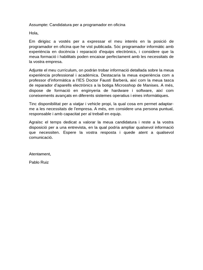 Carta de Presentació | PDF