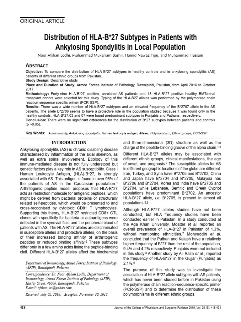 B27 Subtypes AS JCPSP 2019 | PDF | Human Leukocyte Antigen | Cytotoxic ...