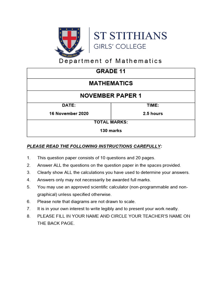 2020 IEB Grade 11 Paper 1 Nov MG | PDF | Asymptote | Mathematics
