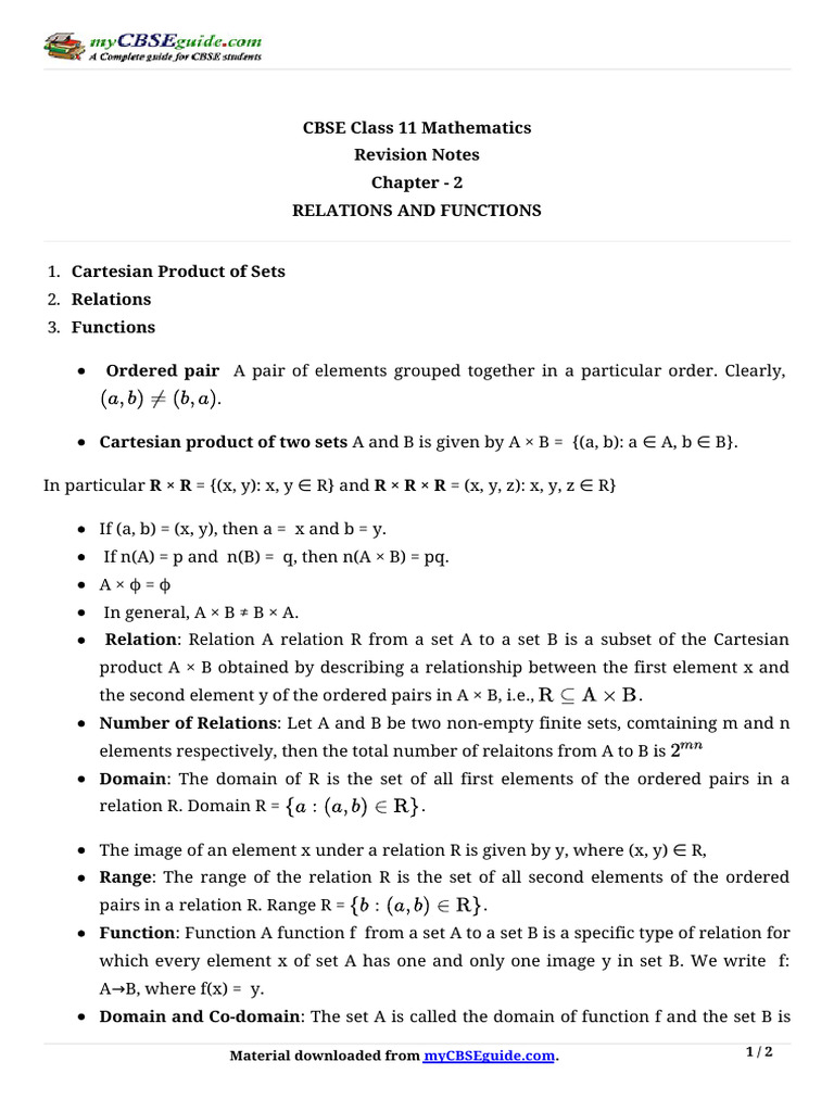 11maths Notes 2 Relations and Functions | PDF | Function (Mathematics ...