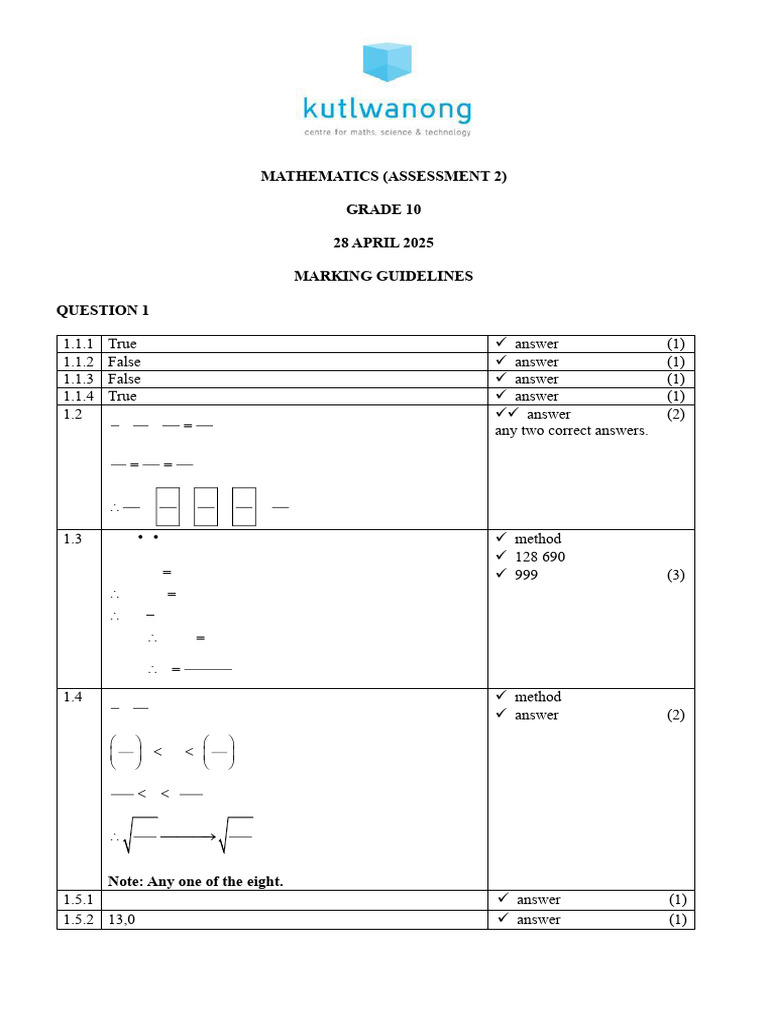 Mathematics Grade 10 Assessment 2 Memorandum (28 April 2025) | PDF ...