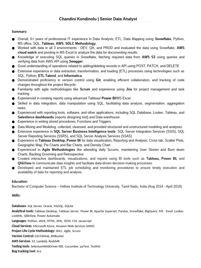Chandini - SR - Data Analyst | PDF | Microsoft Sql Server | Databases