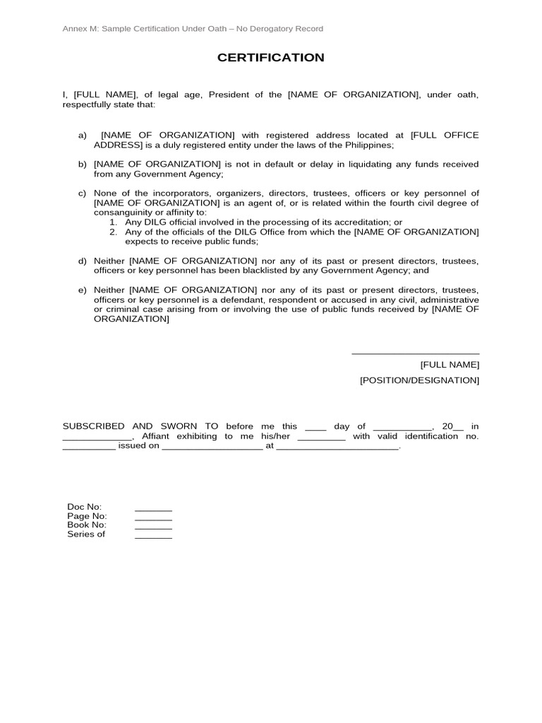 Annex M - Certification Under Oath - No Derogatory Record | PDF