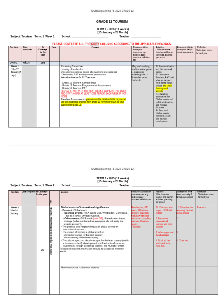 TS Tourism Lesson Planning 2025 Grade 12 Term 1-4 | PDF | Travel Visa