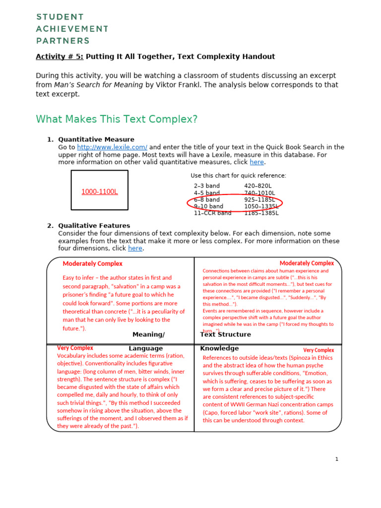 Putting It All Together, Text Complexity Handout (for participants) | PDF | Thought | Cognition