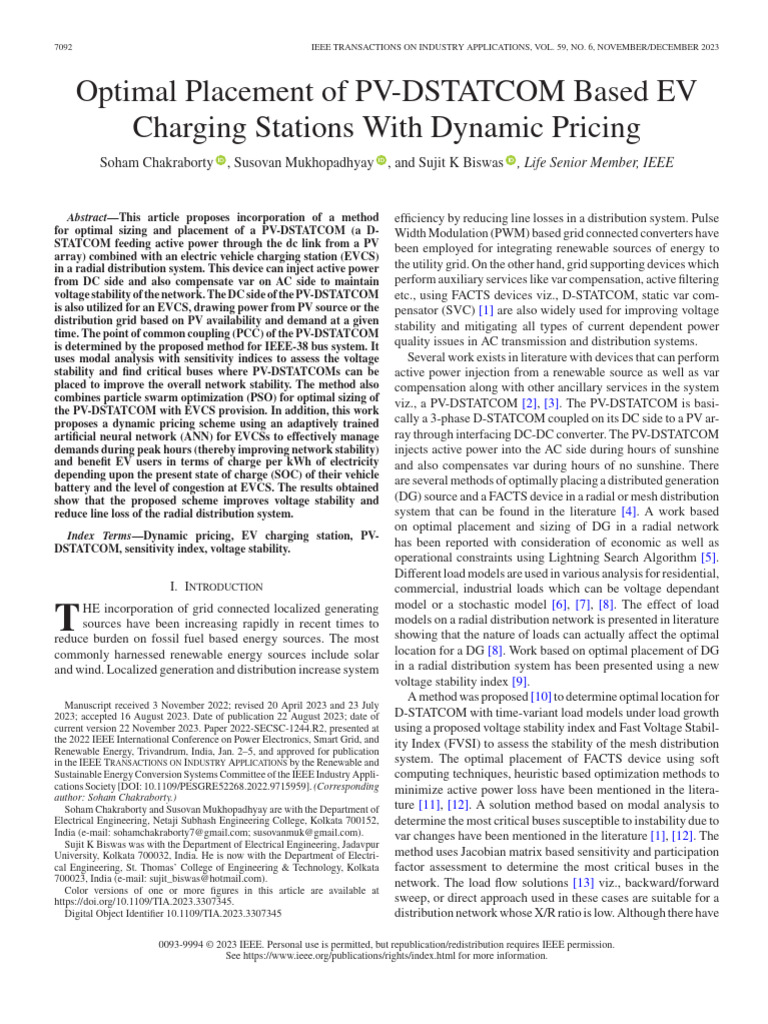 Optimal Placement of PV-DSTATCOM Based EV Charging Stations With Dynamic Pricing | PDF ...