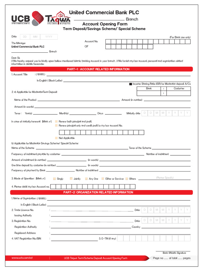 Ucb Taqwa Tdscheme Deposit Account Opening Form | PDF | Banks | Legal ...