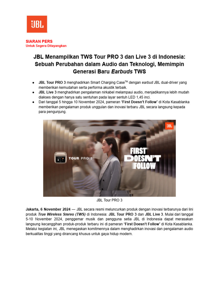 Siaran Pers - JBL Menampilkan TWS Tour PRO 3 Dan Live 3 Di Indonesia - Sebuah Perubahan Dalam ...