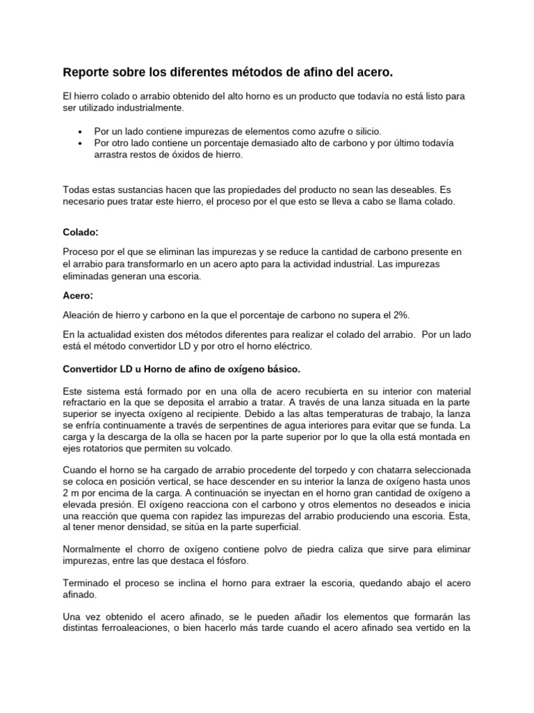 Métodos de afino del acero: colado y hornos | PDF | Acero | Arrabio