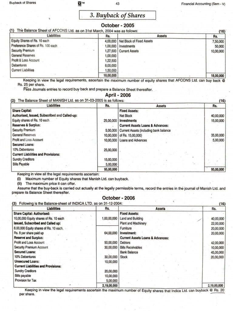 Buyback Of Shares Problem Sheet | PDF | Equity (Finance) | Balance Sheet