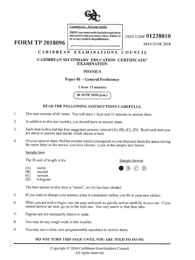 CSEC Physics MayJune P1 2018 | PDF