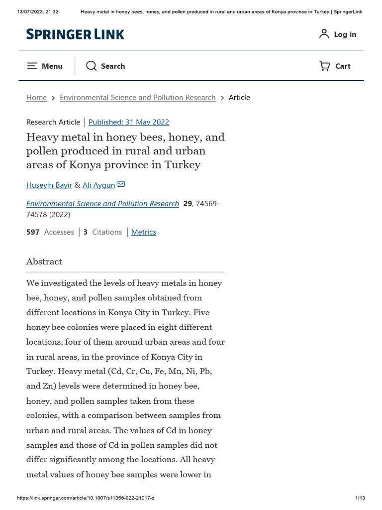 Heavy Metal in Honey Bees, Honey, and Pollen Produced in Rural and Urban Areas of Konya Province ...