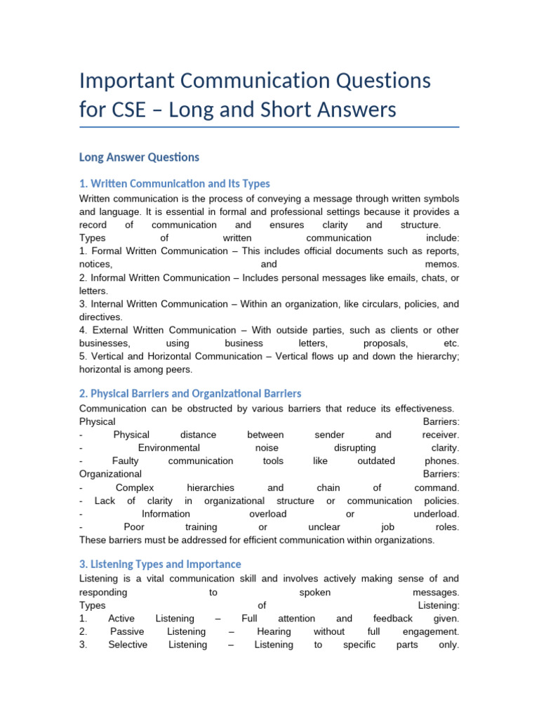 CSE Communication Questions Answers | PDF | Communication | Nonverbal ...
