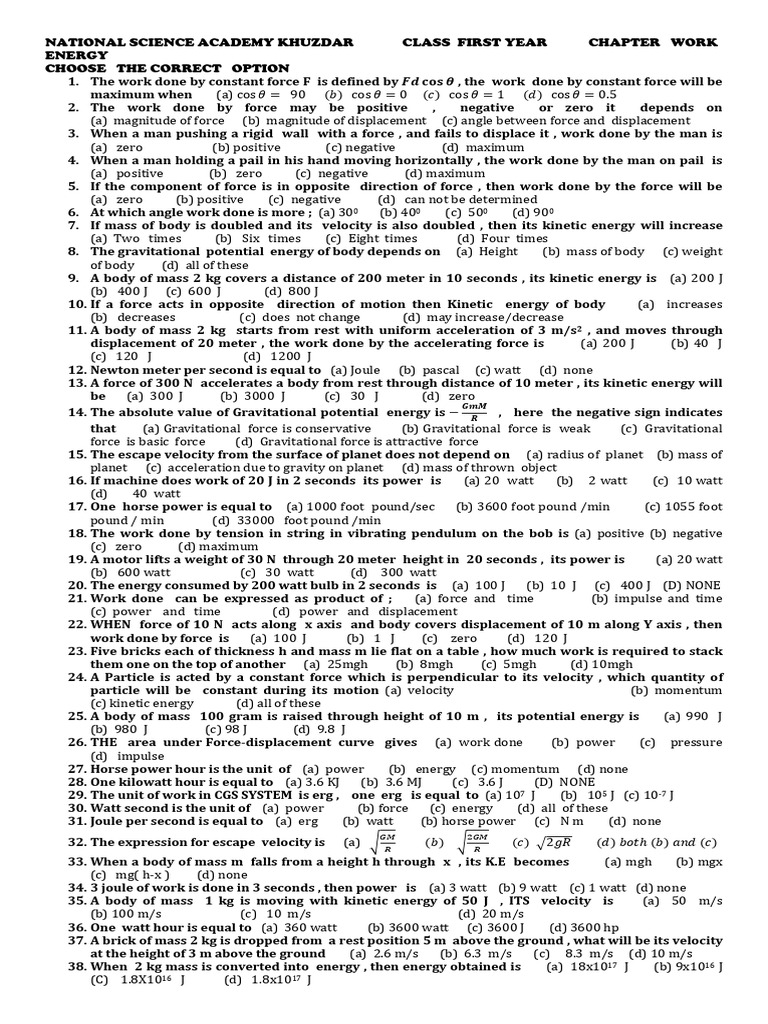 Work and Energy Quiz for Students | PDF | Force | Kinetic Energy