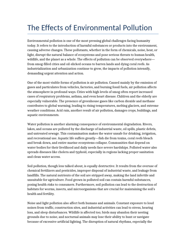 The Effects of Environmental Pollution Essay | PDF | Pollution | Air ...