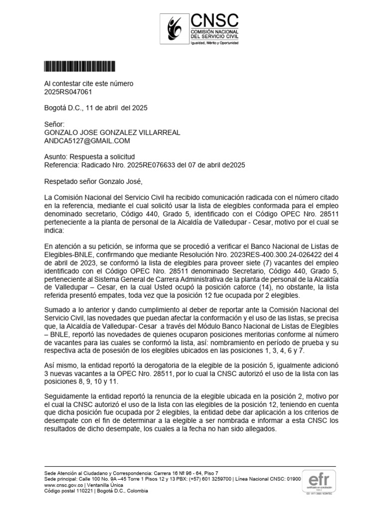 Respuesta CNSC - 1 | PDF | Gobierno