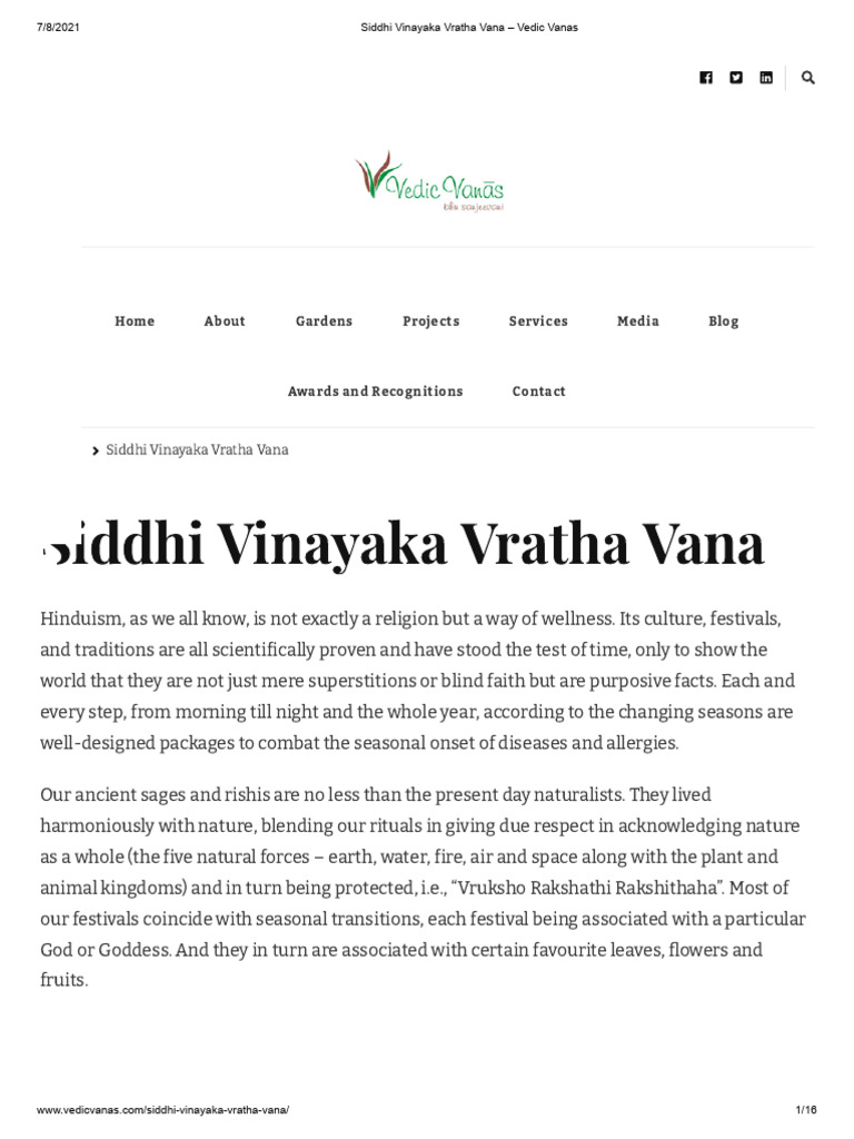 Siddhi Vinayaka Vratha Vana - Vedic Vanas | PDF