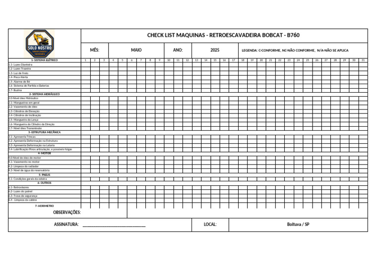 Checklist Retroescavadeira Bobcat B760 | PDF