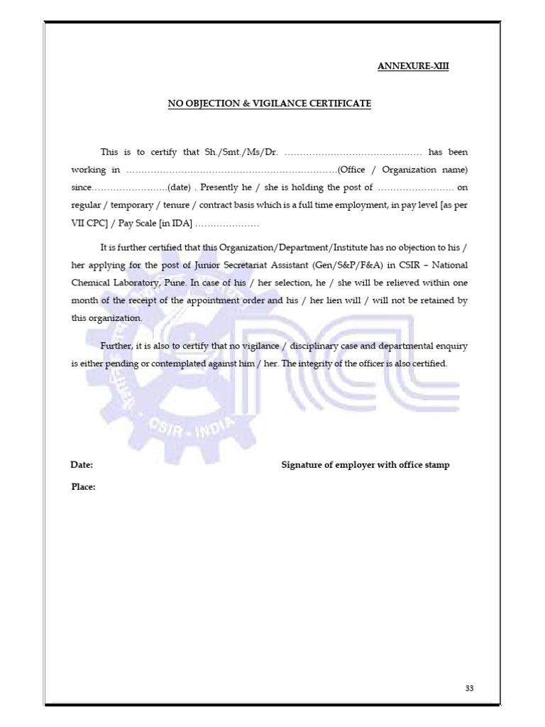 No Objection & Vigilance Certificate Template | PDF