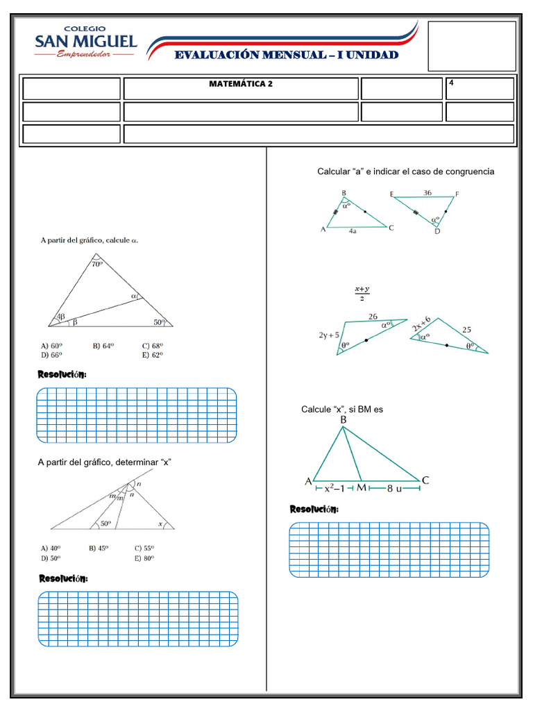 EXAMEN I TRIMESTRE - UNIDAD - 4°SEC - MATEMATICA 2 | PDF
