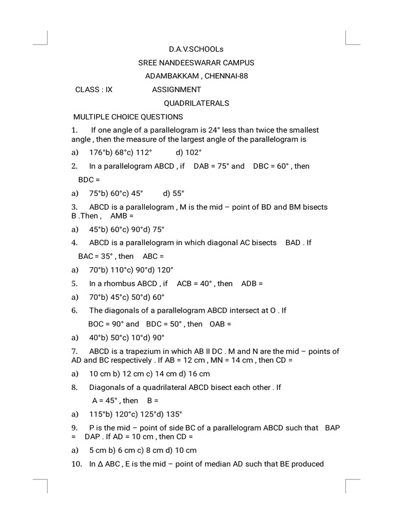 class_9___Quadrilaterals__assignment_1730782809 | PDF | Rectangle | Geometric Shapes