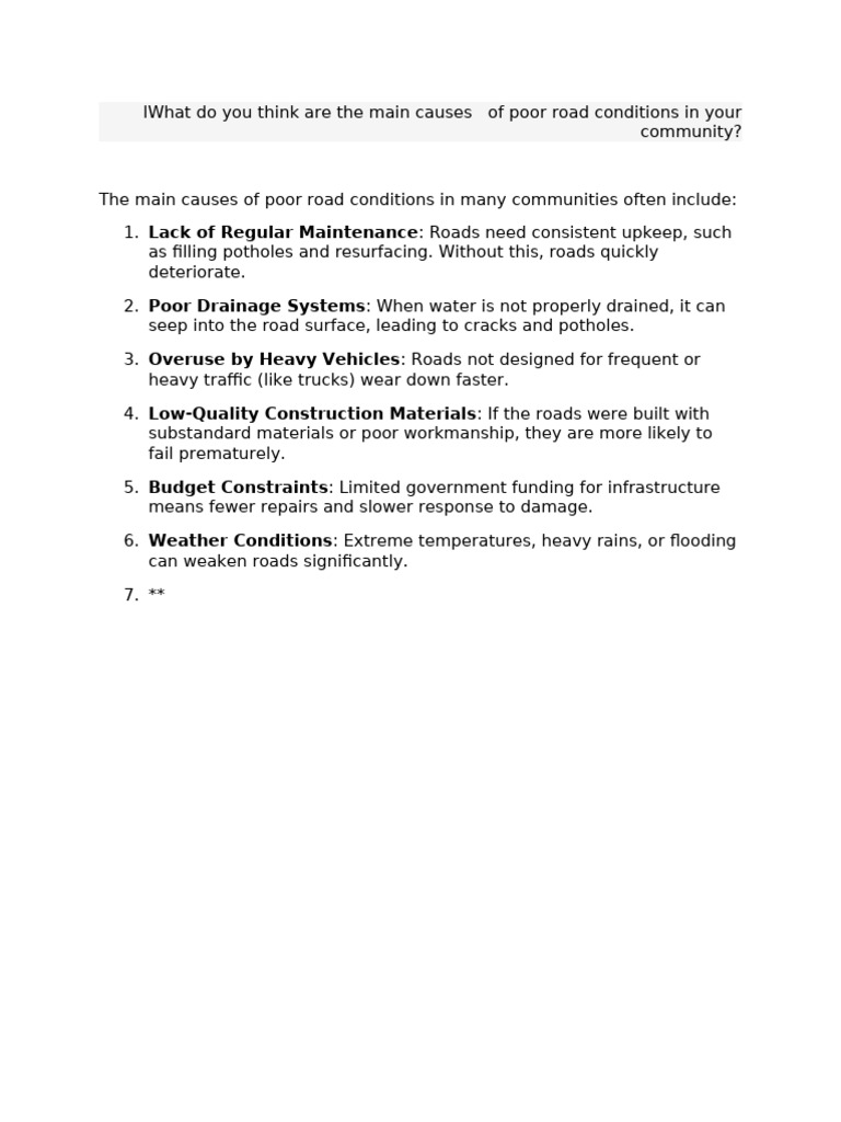 Causes of Poor Road Conditions | PDF