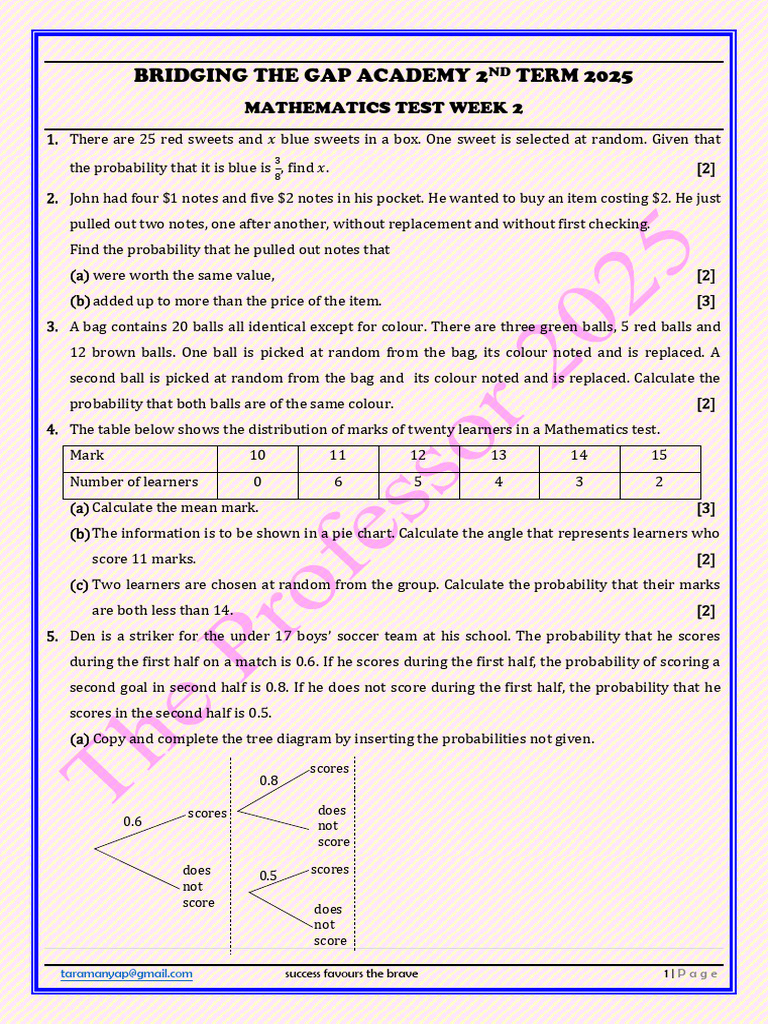 Mathematics Test Week 2 Solutions | PDF | Probability | Probability Theory