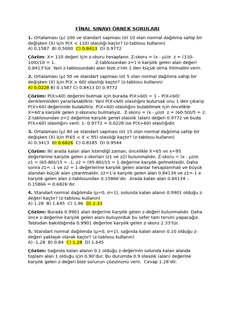 Fi̇nal Sinavi Örnek Sorulari | PDF
