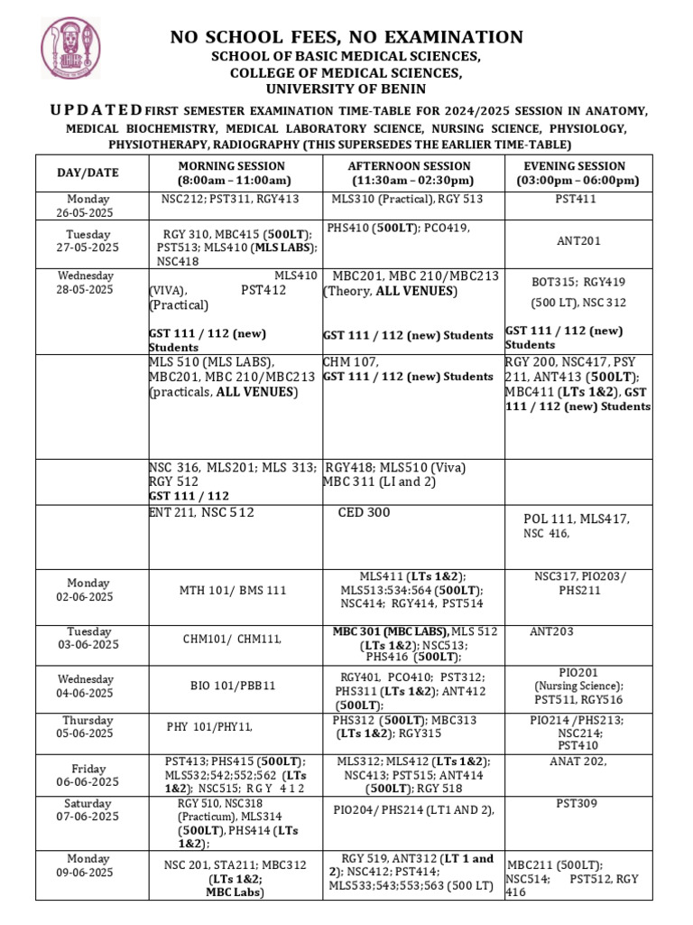 First Semesster Exam Time Table For SBMS 2024-2025 Academic Session | PDF | Social Programs ...