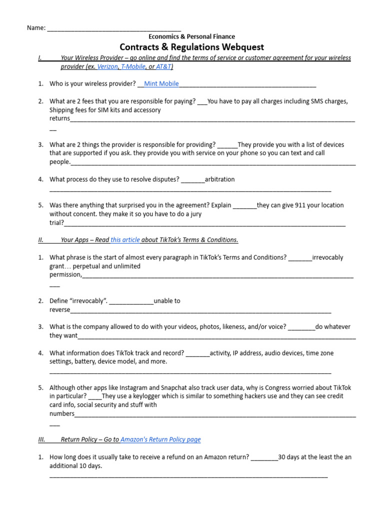 Copy of Contracts & Regulation Webquest | PDF | Service Industries