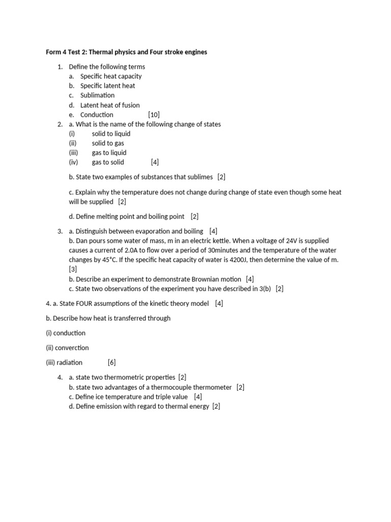 Thermal Physics & Four-Stroke Engines Test | PDF