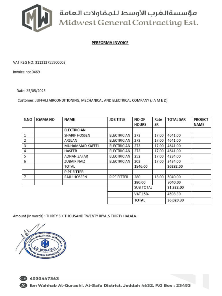 Performa Invoice: S.No Iqama No Name Job Title No of Hours Rate SR ...