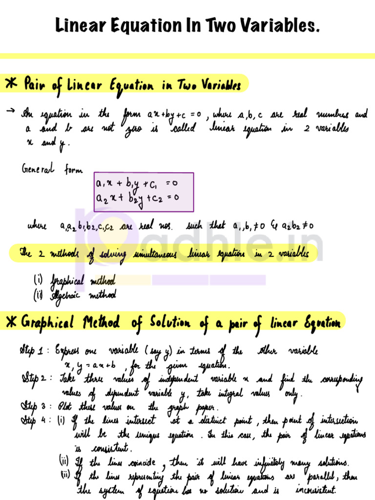 Class 10 Linear Equation in Two Variable Notes | PDF | Equations | Algebra