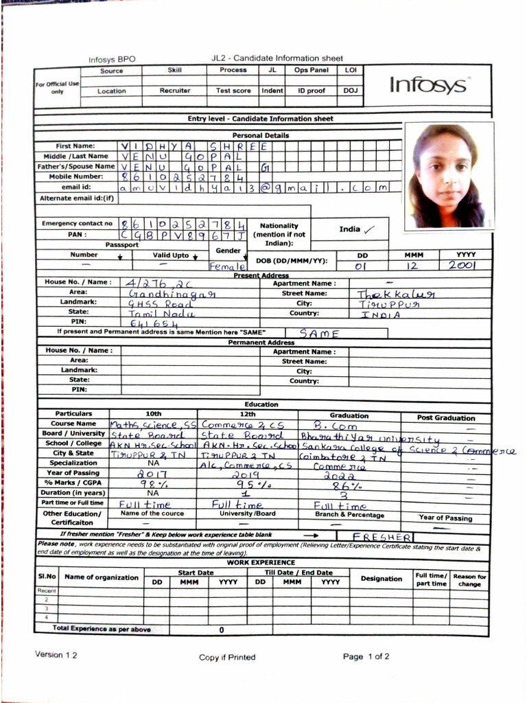 Infosys Entry Level Form - Vidhya Shree | PDF