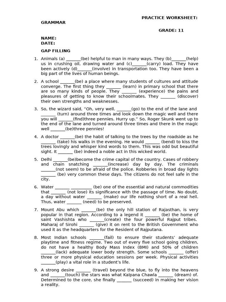 Practice Worksheet Grammar Grade 11 | PDF