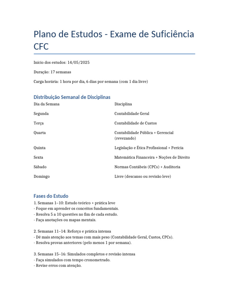 Plano Estudos CFC 17 Semanas | PDF