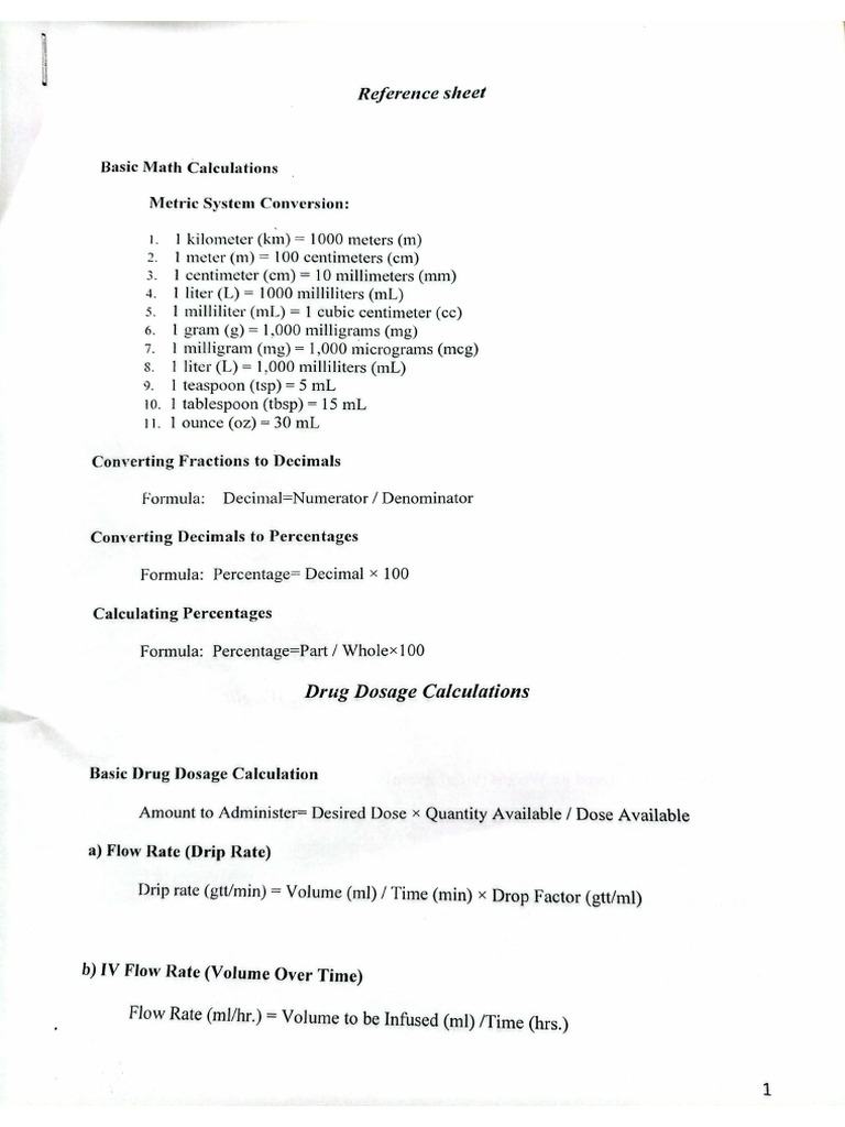 Drugs Calculation Formula Sheet | PDF