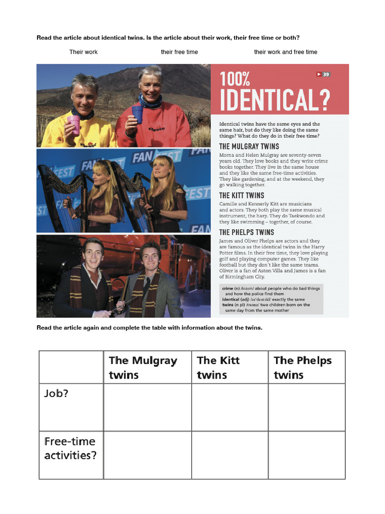 Identical Twins: Work and Free Time | PDF
