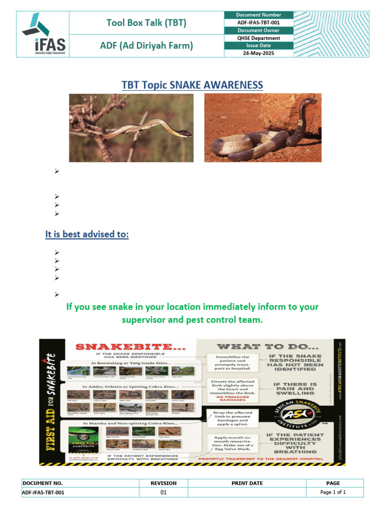 Snake Awareness Toolbox Talk | PDF