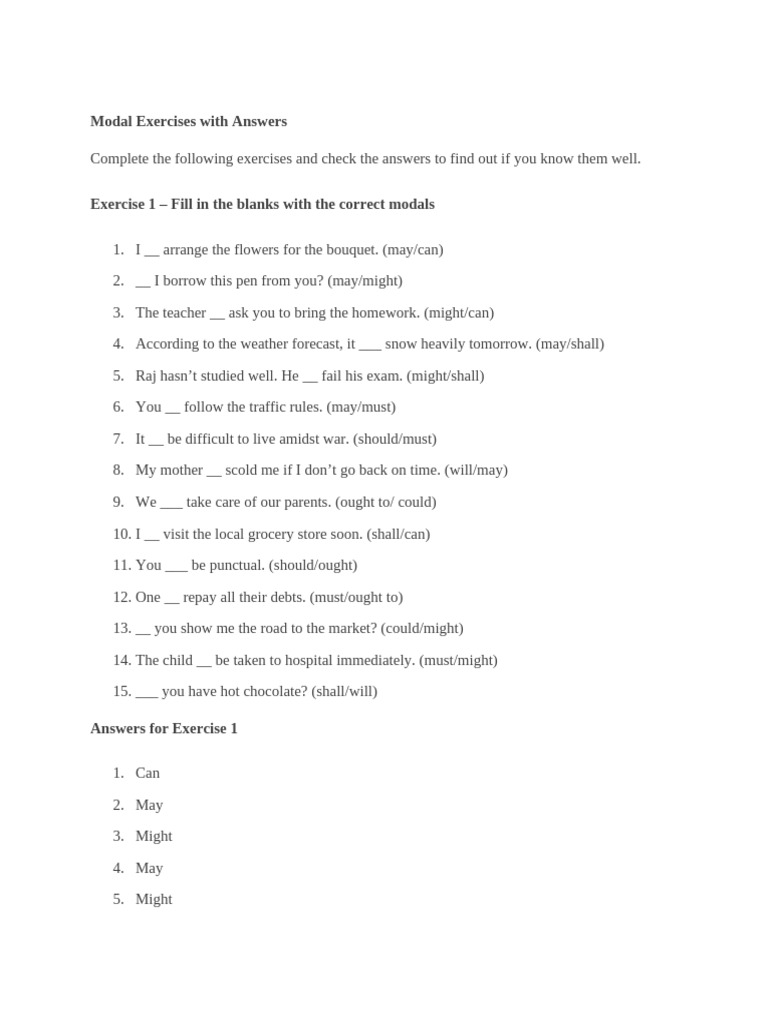 Modal Exercises With Answers | PDF | Linguistic Typology | Linguistic Morphology