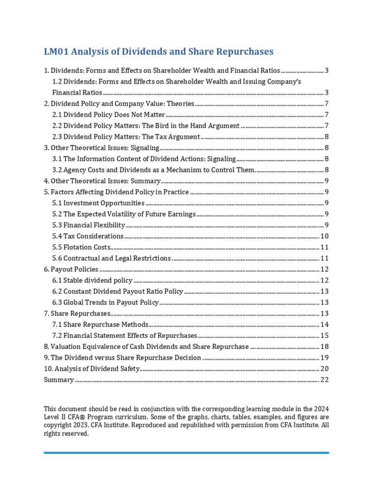 Lm01 Analysis Of Dividends And Share Repurchases Ift Notes Pdf