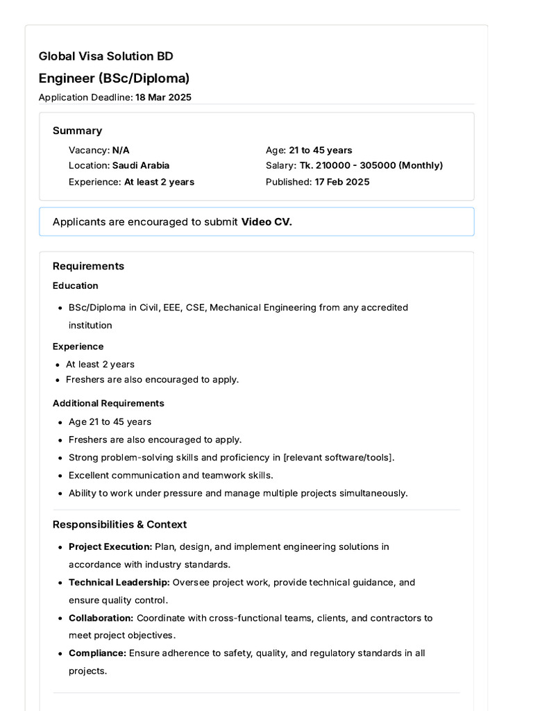 Engineer (Bsc/Diploma) : Global Visa Solution BD | PDF