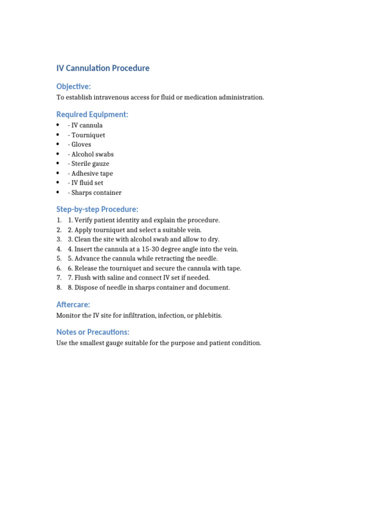 IV Cannulation Procedure | PDF