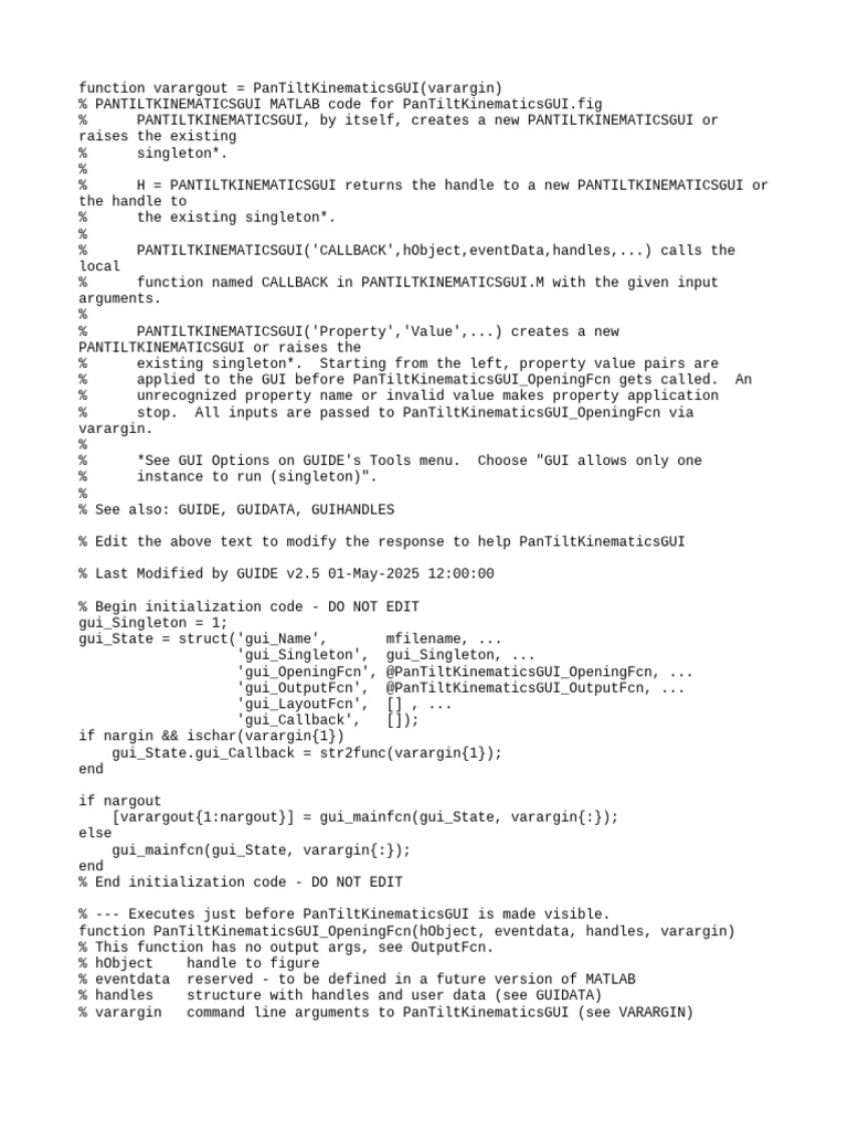 PanTiltKinematicsGUI WithSliderGain | PDF | Command Line Interface | Matlab