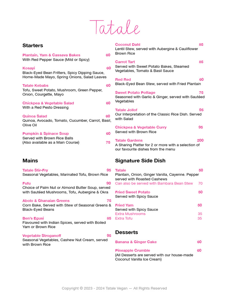 Vegan Menu: Starters, Mains & Desserts | PDF | Drink | Tofu